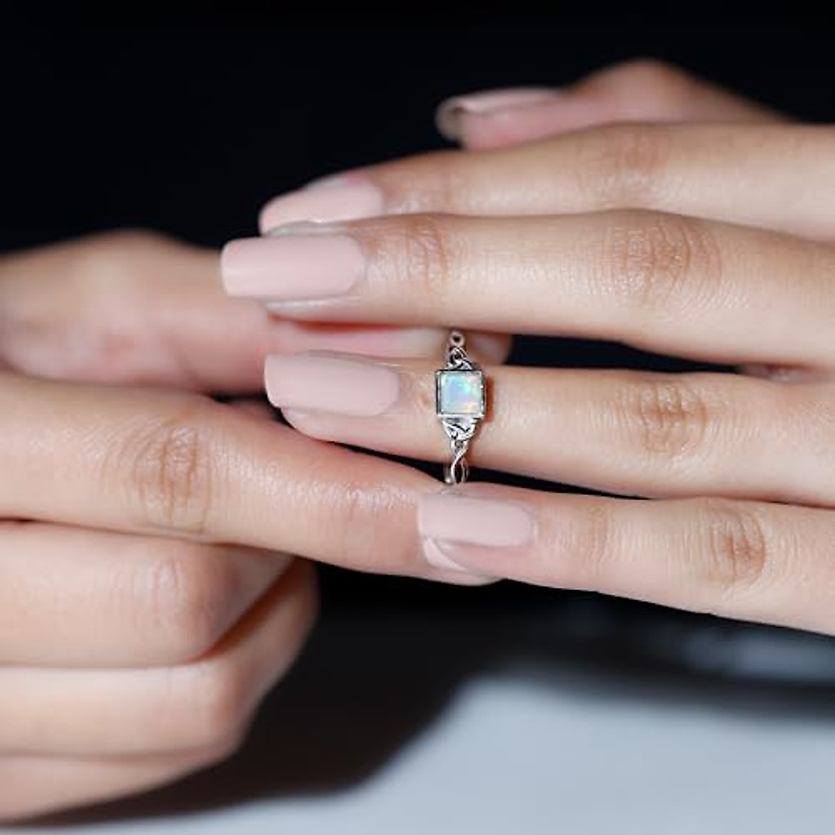 Rosec Jewels Natural Opal Promise Ring for Women, AAA Quality, Celtic Knot Ring, Certified Rainbow Opal Ring - Ready To Gift, 14K White Gold, Size:US 6.00