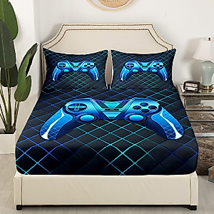 Erosebridal Gamer Bed Sheets Set for Boys, Gaming Sheet Sets Twin Size Video Game Contoller Sheets Gaming Gifts for Teenage Boys, Geometric Diamond Gamepad Flat Fitted Sheet with 1 Pillow Case, Blue
