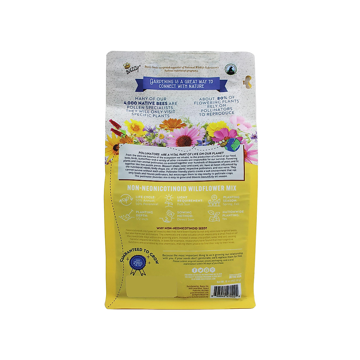 BUZZY Wildflower Pollinator Seed Mix (1lb Bag), 18 Pollinator-Friendly Varieties, Protect The Pollinators & Save The Planet, Coneflower, Sunflower, Calendula, Cosmos, & More, Growth Guaranteed