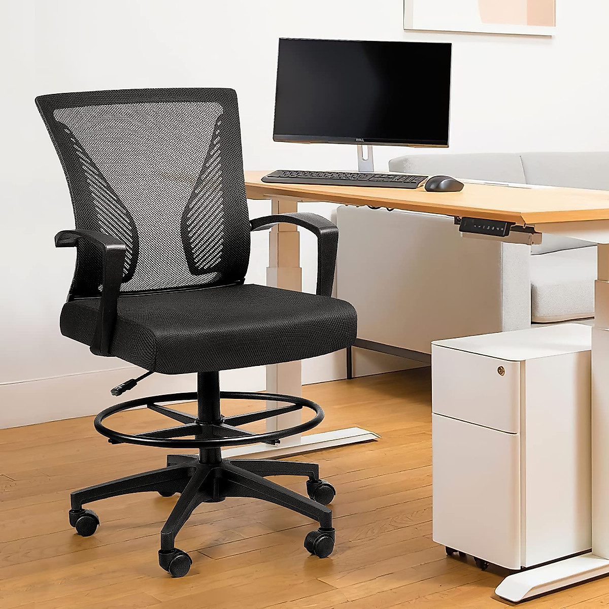 Furmax Drafting Chair Tall Office Chair with Ergonomic Back Drafting Table Chair Adjustable Standing Desk Chair with Footrest Ring and Arms