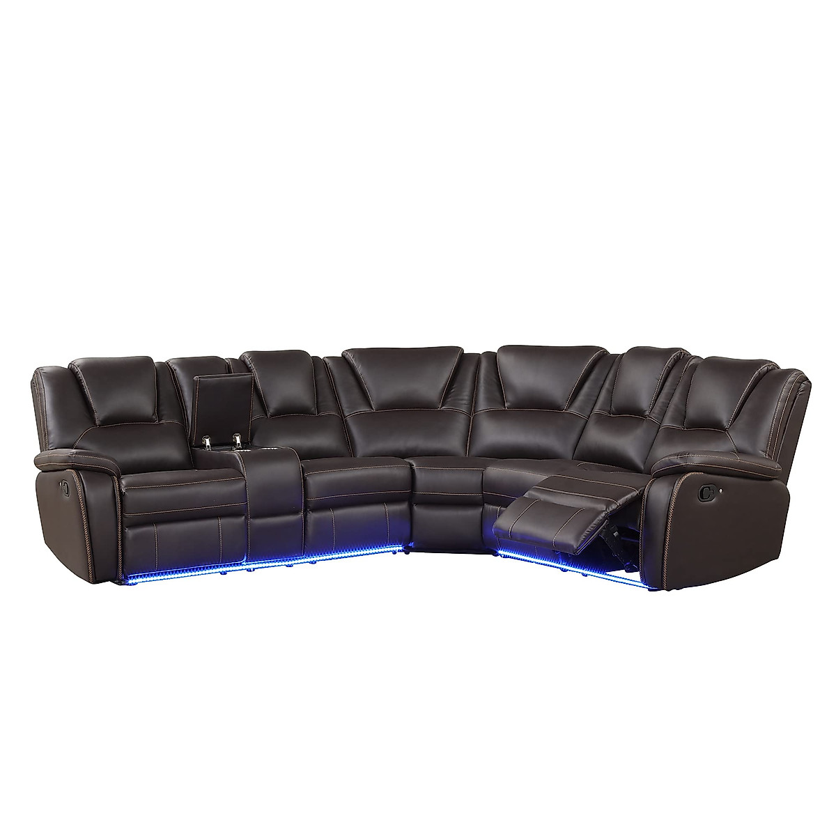 Lifeand Modern Faux Leather Manual Reclining with Center Console and Light Strip,PU Symmetrical Couch with 2 Cup Holders and Storage for Living Room,Brown