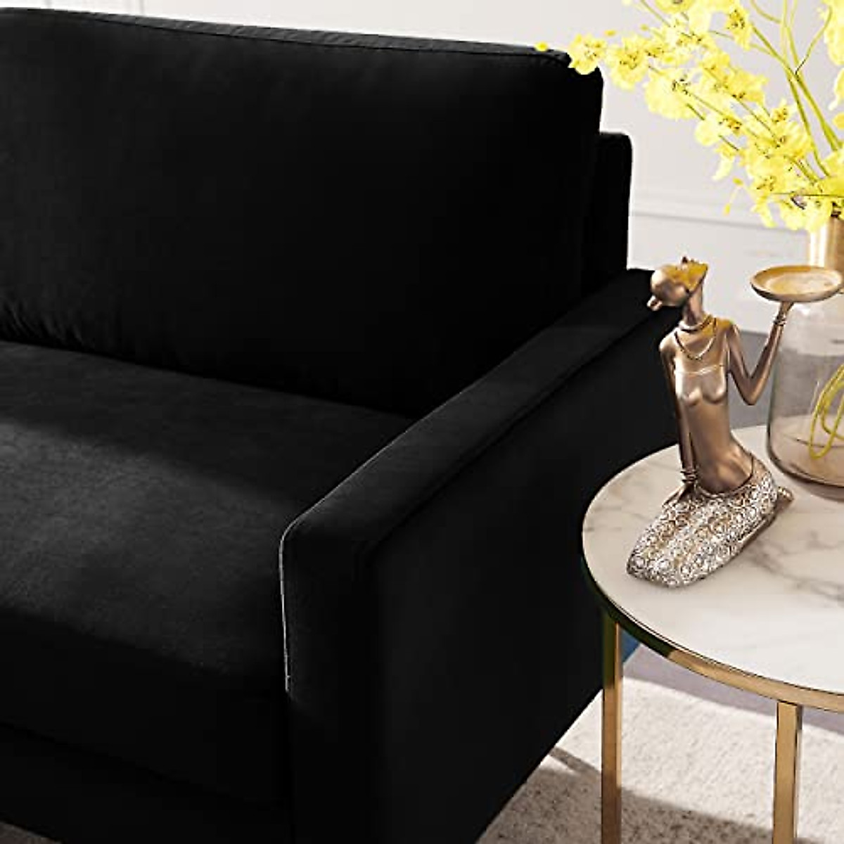 QYSMT 62inch Velvet Square Arm Loveseat，Velvet Cover Modern Design Couch,with Gold-Finished Metal Legs, with 500 LB Load, 62'' x 30.7'' x 32.7''Tools-Free Assemble (Black) (LHSC18)