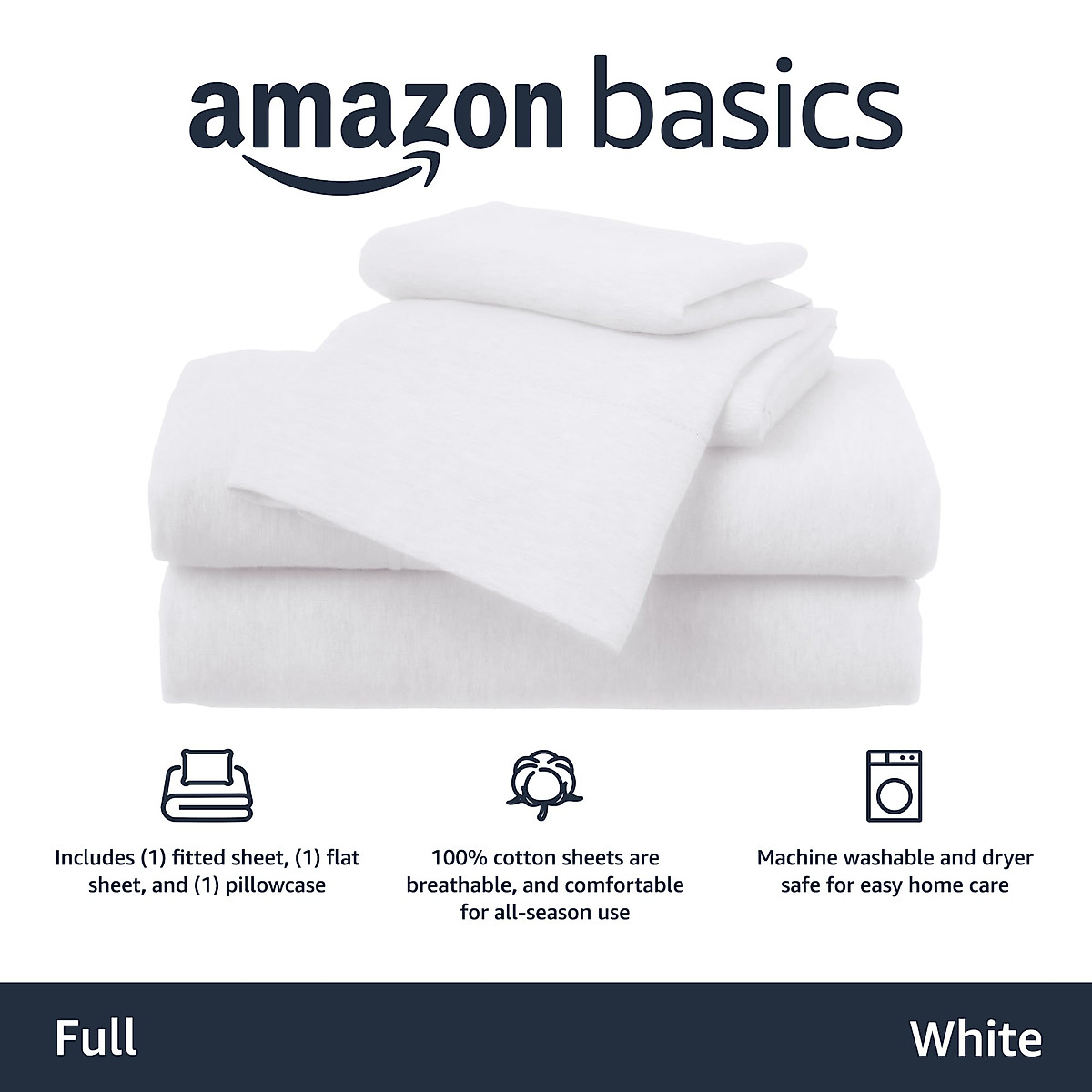 Amazon Basics 4 Piece Bed Sheet Set, 100% Cotton Jersey, Includes Super Soft, Flat and Fitted Sheets, Pillowcase, Full, White, Solid