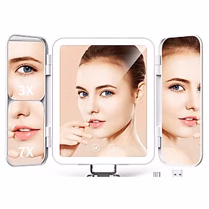 VEVETEC Rechargeable Lighted Makeup Mirror, Portable Led Vanity Mirror, Dimmable, Magnifying Glass 1X/3X/7X Magnification, Touch Control,Travel Cosmetic Mirror