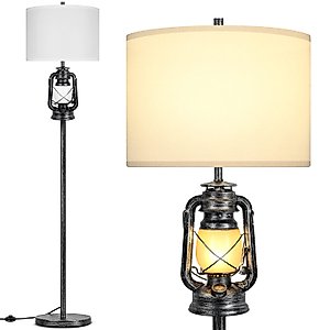 BrightHome Farmhouse Lantern Floor Lamp with LED Night Light - Rustic Tall Standing Lamp for Living Room Bedroom Office - Traditional Pole Lamp Black & Silver Finish - Floor Reading Light Home Decor