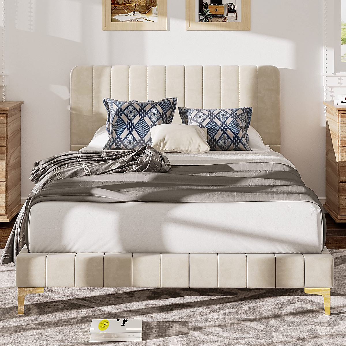 LIKIMIO Upholstered Bed Frame Queen, Velvet Bed Frame Queen Size Bed Frame with Headboard, Boho Bedframe Mattress Foundation, No Box Spring Needed, Beige