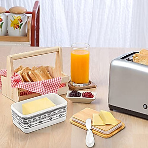 YOUEON 17 Oz Butter Dish with Lid for Countertop, Airtight Butter Keeper Holds Up to 2 Standard Butter Sticks, Porcelain Butter Holder with Knife & Silicone Ring, Hand Painted Pattern