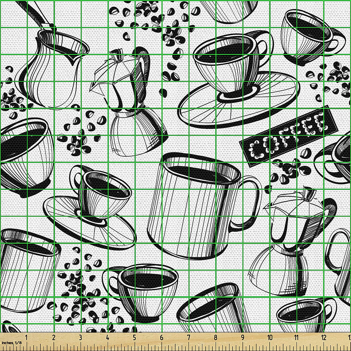 Lunarable Coffee Fabric by The Yard, Abstract Monochrome Coffee Sign with Cups Beans and Moka Pot Pattern Hand Drawn, Decorative Fabric for Upholstery and Home Accents, 1 Yard, Black White
