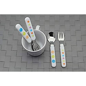 ANNOVA Kids Silverware 6 Pieces Stainless Steel Children's Flatware Set 3 x Forks, 3 x Dinner Spoons Plastic Handle, Toddler Utensils Without Knives, for Babies, Infants BPA Free - Dots Stars