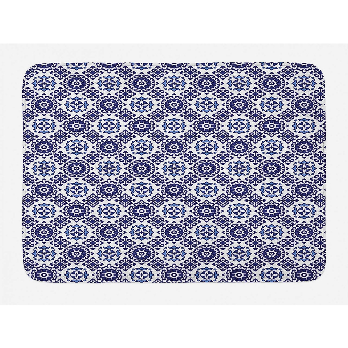 Mosaic Bath Mat, Geometric Rhombus Style Traditional Folkloric Moroccan Portugal Floral Tiles, Plush Bathroom Decor Mat with Non Slip Backing, 24" X 16", White and Indigo