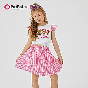 L.O.L. Surprise! Girls Skirt Set 2Pcs Kid Girl Graphic Print Tie Knot Ruffle Sleeve Cotton Tee and Allover Print Skirt Set PinkyWhite 9-10 Years
