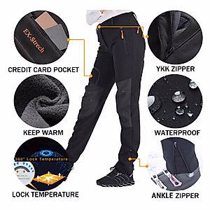 Postropaky Womens Outdoor Snow Ski Pants Waterproof Hiking Insulated Softshell Pants Snowboard Zipper Bottom Leg(Black2S)