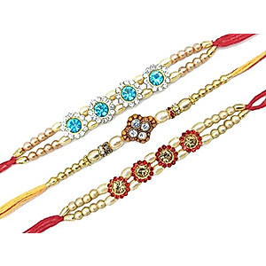 Palak Global Rakhi Bracelet, Wrist Band. Fancy unique beautiful stones blue white, red stones, gift celebration (Fancy Rakhi Set of 3 - Design 1, Small) (PLK32)