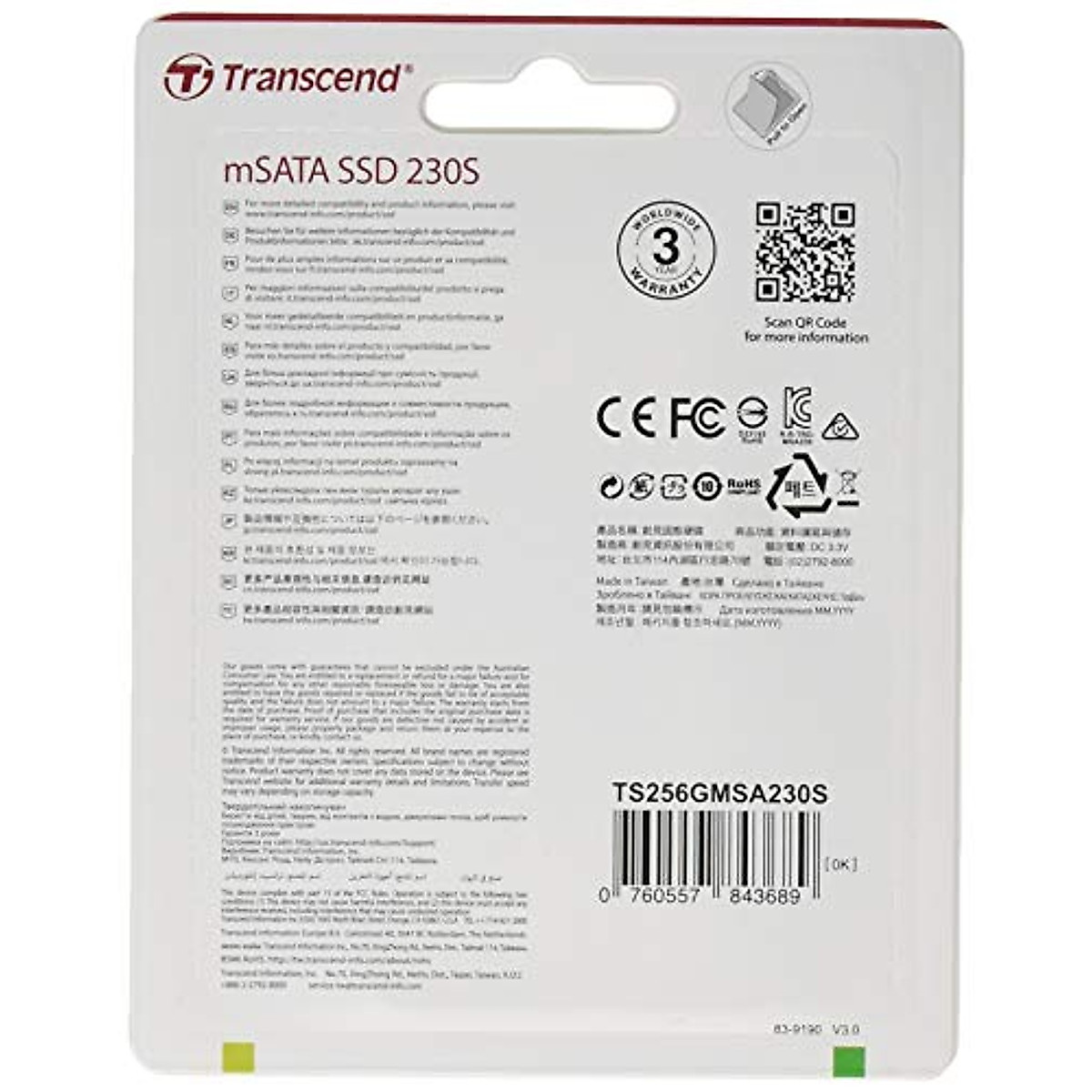 Transcend 256GB MSA230S mSATA SSD, MO-300A, Solid State Drive, SATAIII - TS256GMSA230S