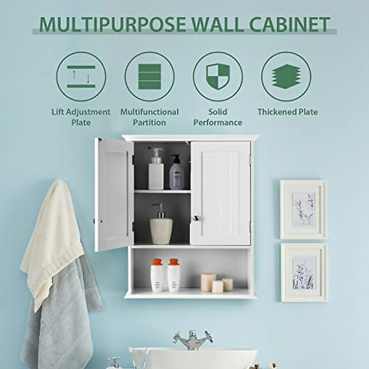 Bathroom Wall Cabinet Mounted with 2 Doors and Adjustable Shelves, 24" x 28" Wooden Medicine Cabinet Over Toilet Storage Wall Hanging Cabinets for Bathroom Bedroom Kitchen Laundry Room