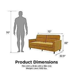 Novogratz Concord Sofa, Small Space Living Room 3 Seater, Pocket Coil Cushions, Mustard Yellow Velvet