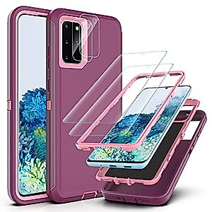 YmhxcY Case with Self Healing Flexible TPU Film[2 Pack] and Camera Lens Screen Protective Film[2 Pack],3-in-1 Heavy Protection Cover for Samsung Galaxy S20 Plus-Wine Red and Rose Pink