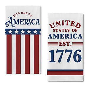 Seliem 4th of July God Bless America Patriotic Kitchen Dish Towel Set of 2, American Independence Day Hand Towel Stripes Drying Baking Cooking Cloth, Summer Holiday USA Kitchen Decor 18x26 Inches