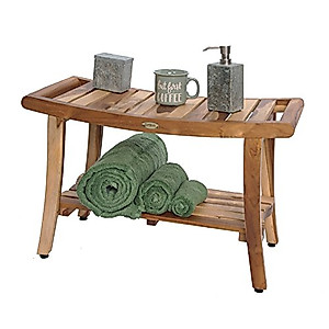EcoDecors Harmony Teak Shower Bench 30" Long Natural Wood Shower Bench with Shelf and LiftAide Arms Shower Stool in Earthy Teak Finish for Indoors and Outdoors