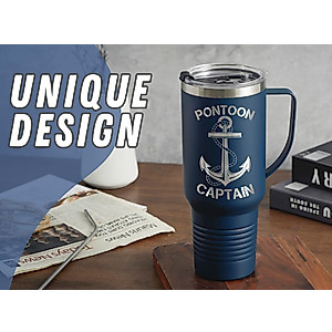 Onebttl Pontoon Boat Captain Tumbler, 40oz Stainless Steel With Spill-Proof Lid and Straw, Laser Engraved Gift, Navy Blue