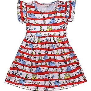 Baby Girl Spring Summer Cat in The Hat Red White Stripe Children Pearl Flutter Sleeve Boutique Dress (7T)