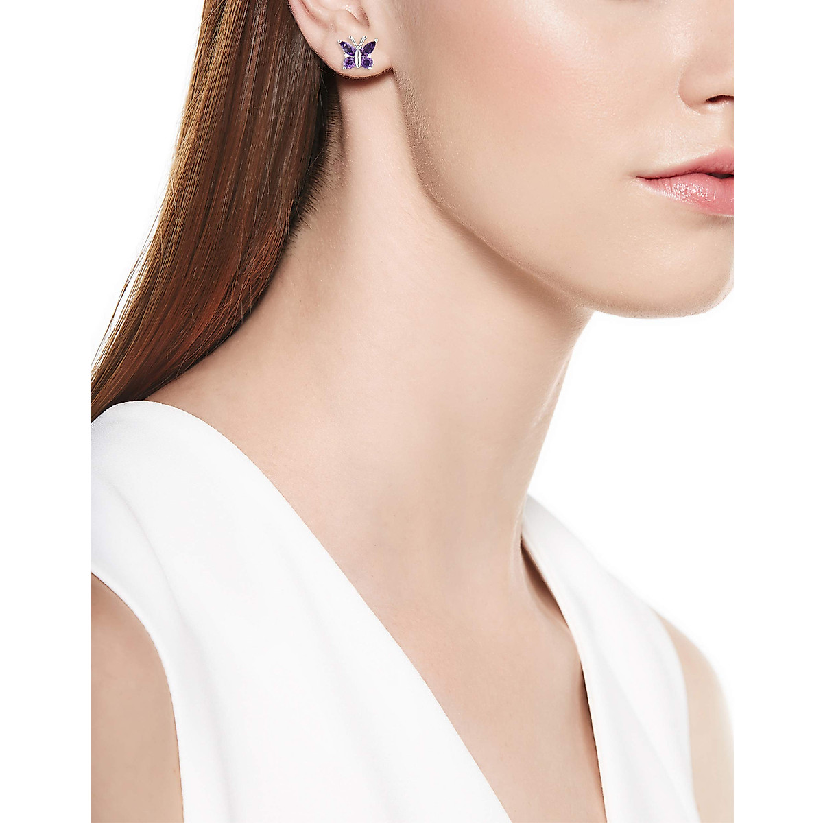 Amazon Collection Sterling Silver Genuine African Amethyst Butterfly Stud Earrings