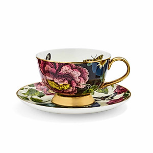 Spode Creatures of Curiosity Collection Coupe Teacup and Saucer Set, Black Floral Mug and White Floral Saucer, Gold Rim, 6.7 oz, Made of Fine China, Specialty Coffee Drinks, Lattes, and Tea