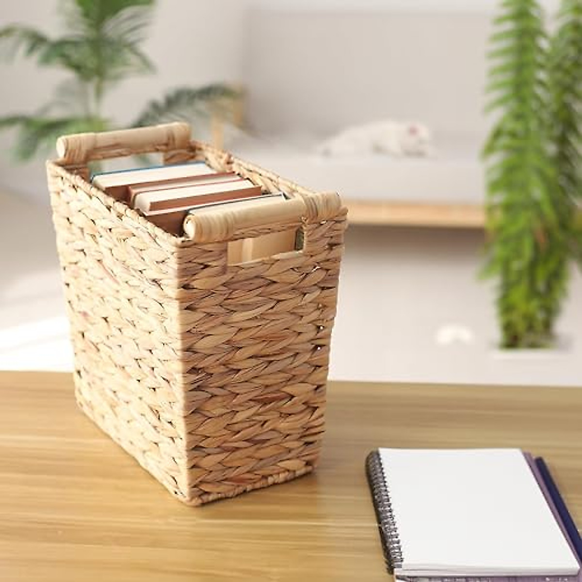 Wicker Trash Basket with Wooden Handles | Wicker Bathroom Trash Can | Woven Trash Can | Wicker Waste Basket for Bathroom, Bedroom, Living Room, Office