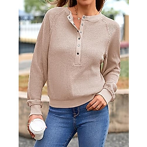 PRETTYGARDEN Womens 2023 Batwing Long Sleeve v Neck Sweater Drop Shoulder Button Waffle Knit Pullover Winter Slouchy Henley Tops (Beige, Medium)
