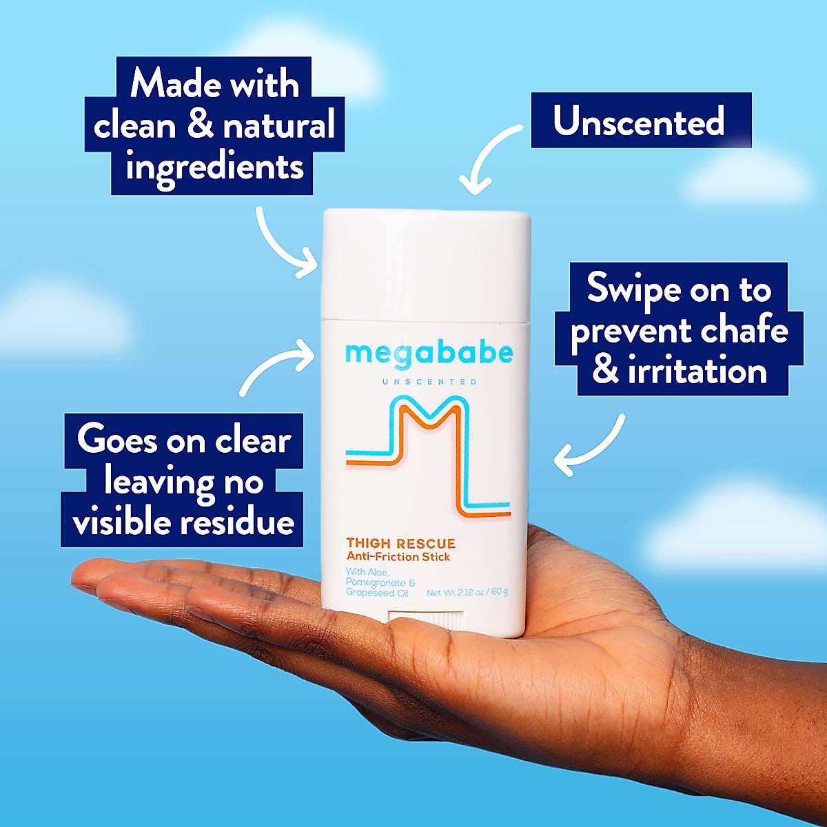 Megababe Thigh Rescue Anti-Chafe Stick | Prevents Skin Chafe & Irritation | Thighs, arms, bra-lines & more | 2.12oz - Unscented