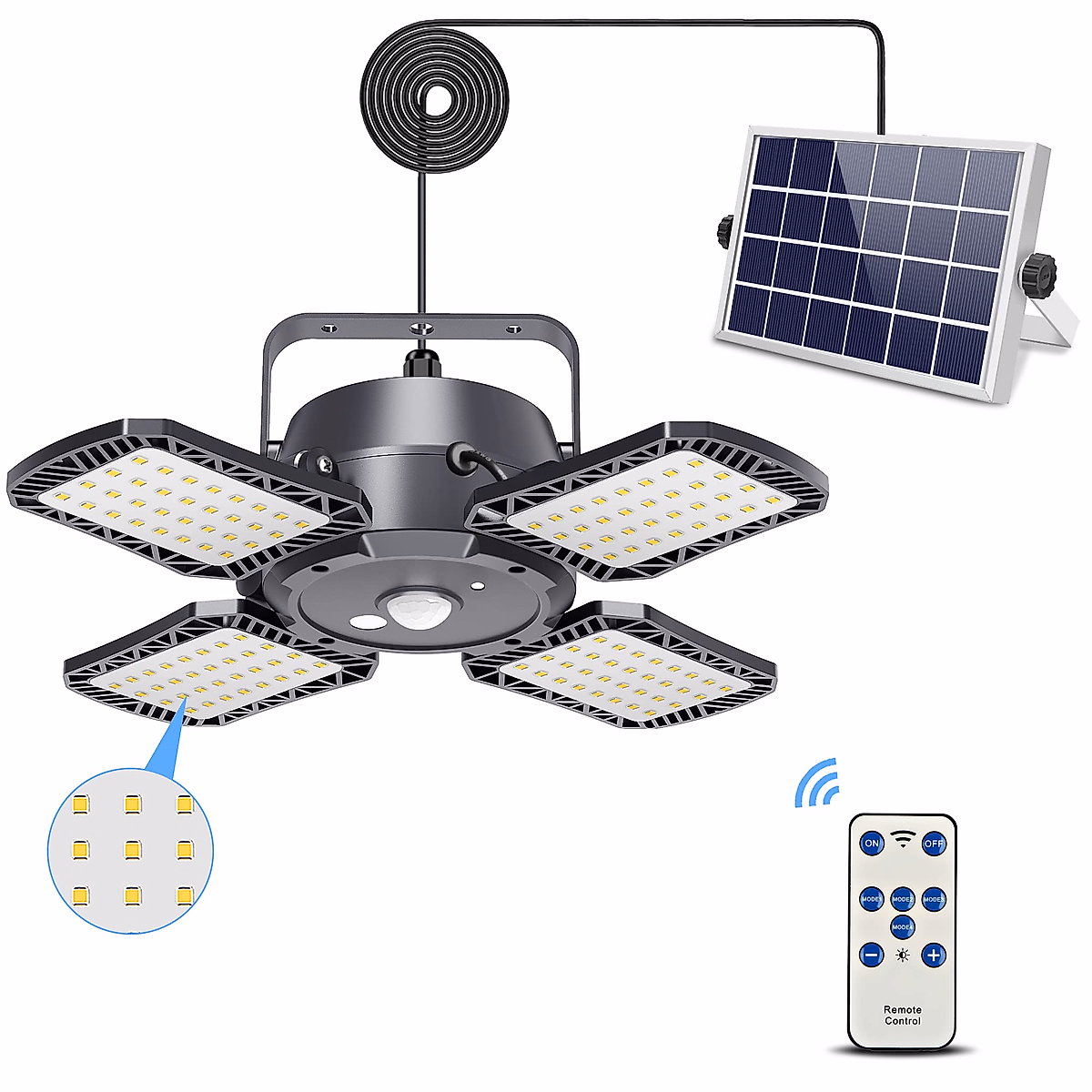 Solar Shed Light Outdoor/Indoor, 4-Leaf Solar Pendant Light 1000LM 128-LED with 4 Lighting Modes Remote Control, IP65 120° Adjustable Motion Sensor Light for Home Yard Garage Barn