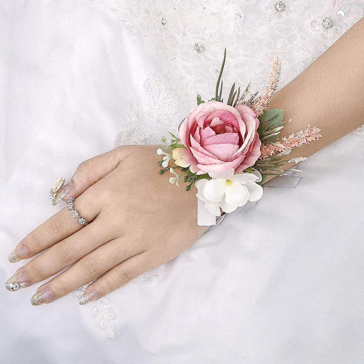 Campsis Set of 2 Wedding Bridal Handmade Flower Wrist Corsage Pink Ribbon Leaves Bride Wristlet Bridal Bridesmaid Hand Flower Prom Party Beach Photography