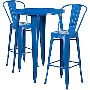 Flash Furniture Commercial Grade 30" Round Blue Metal Indoor-Outdoor Bar Table Set with 2 Cafe Stools