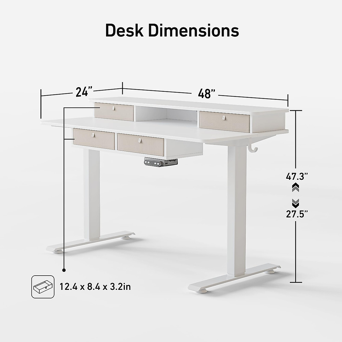 FEZIBO Sturdy Height Adjustable Electric Standing Desk with Drawers, 48 x 24 Inch Stand Up Table with Large Storage Shelf, Sit Stand Desk, White Top
