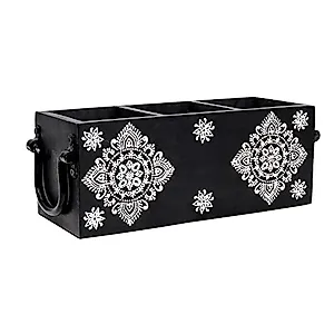 Mela Artisans 3-Slot Wooden Desk Organizer – “Mehndi” Utensil Caddy for Kitchen Countertop, Desk, & More - Dark Grey Cutlery Caddy w/ Black Powder Coating Handle -Office Supplies Organizer -13”x5”x5