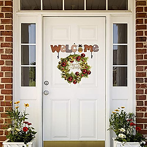 SELEAD Wooden Welcome Letter Sign with 3 Hooks - Wall Hanging Key Holder for Front Door, Entryway, Farmhouse, Rustic Home Decor Cute Cutout Bee