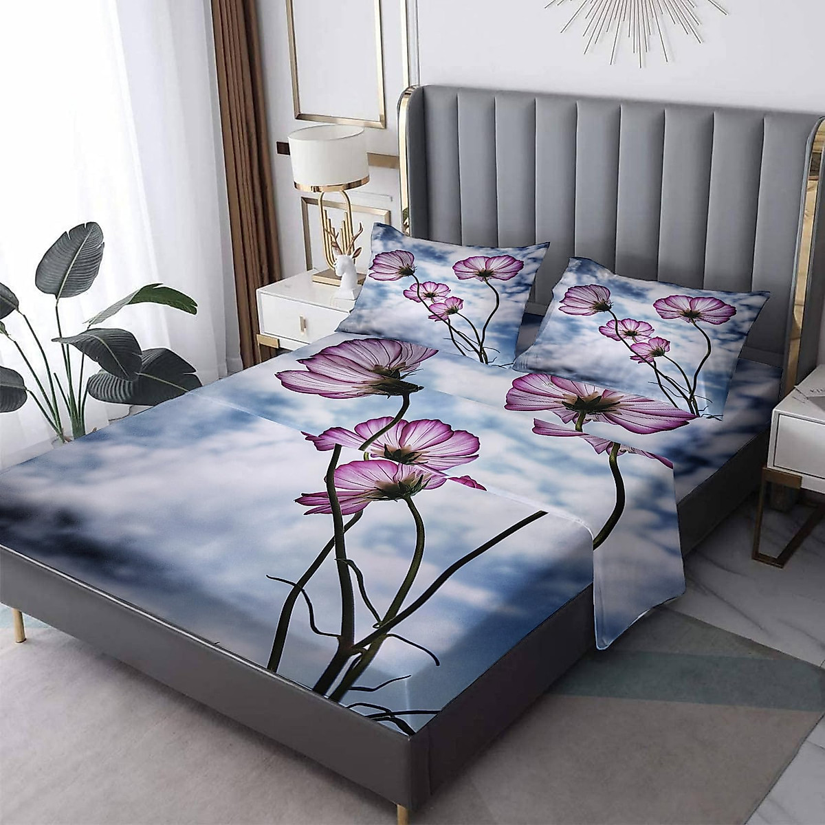 Poppy Sheets Full Size, Plant Sky Bed Sheets, Patterned Bedding Sheets & Pillowcases 4 Piece Set - Soft Microfiber Deep Pocket Fitted Sheet & Flat Sheet & 2 Pillow Cases L5-&-328