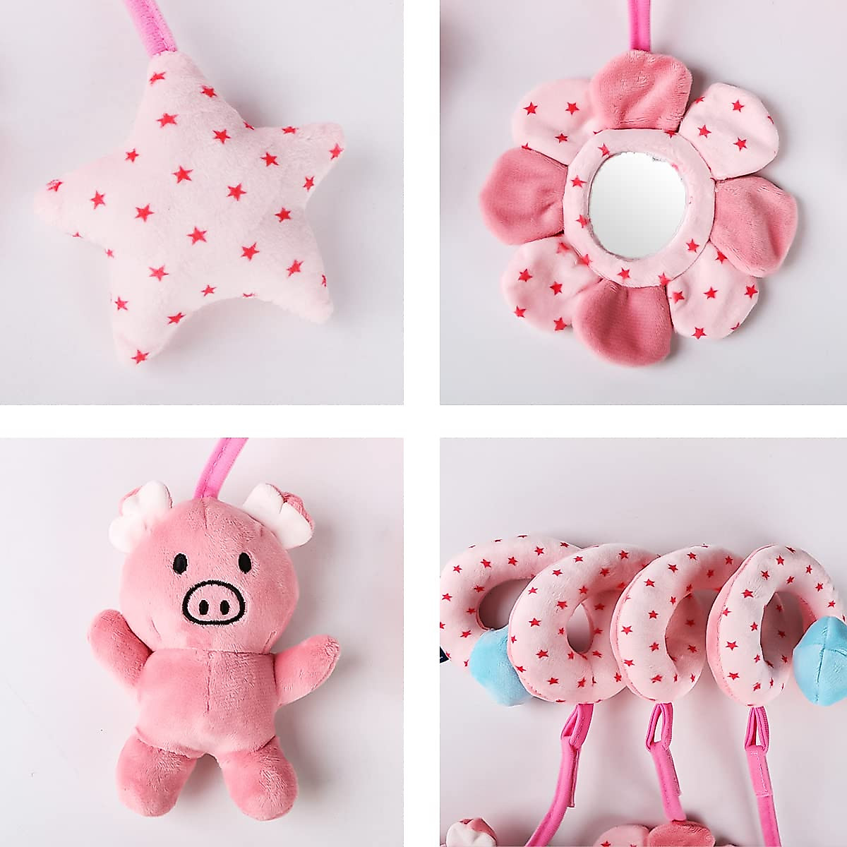 Ymeibe Baby Car Seat Toys, Infant Activity Spiral Plush Toys Hanging Stroller Toys for Baby Girl and Boy with Musical Sheep Rattles with Distorting Mirror (Pink Pig)