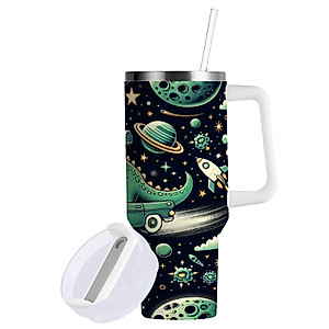 Jihqo Space Dinosaurs Green 40 oz Stainless Steel Vacuum Insulated Tumbler with Handle and Straw Lid, Leakproof Water Bottle Double Wall Travel Mug Coffee Cup, Cupholder Friendly