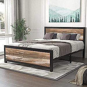 Catrimown Full Size Platform Metal Bed Frame with Wooden Headboard and Footboard, Rustic Full Bed Frame No Box Spring Needed, Under Bed Storage/Strong Slat Support/Easy Assembly, Brown
