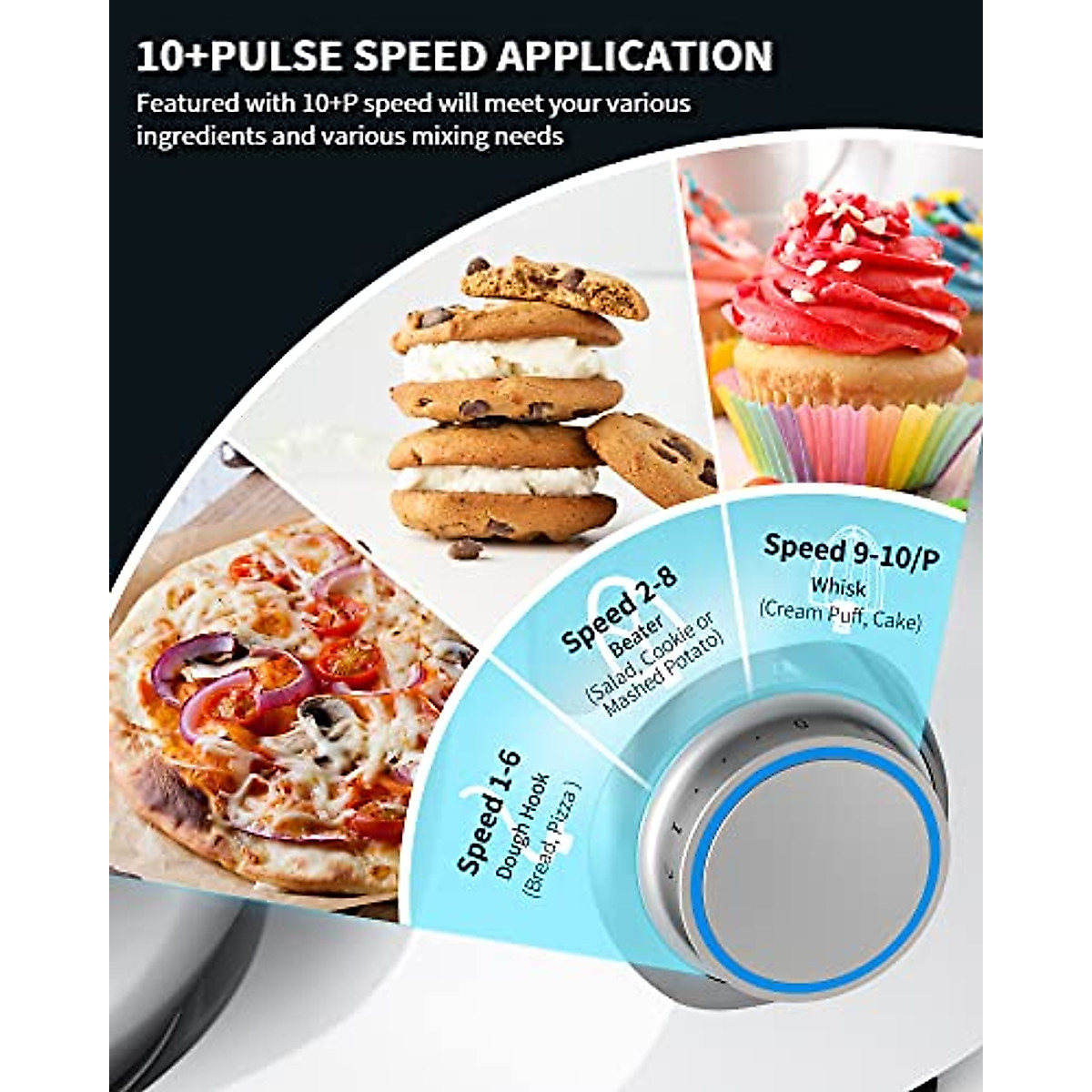 Stand Mixer, CWIIM 10+P Speed 5 QT Food Mixer with Dough Hook Whisk Beater Splash Guard Mixing Bowl, Tilt-Head Kitchen Electric Mixer for Baking Egg Bread Cakes Cookie Pizza Salad (White)