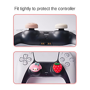 PERFECTSIGHT Cute Thumb Grip Caps for PlayStation 4/5, PS5, PS4, Xbox Series X/S, Xbox One, Switch PRO Controller, 4PCS Kawaii Soft Skin Rubber 3D Analog Thumbsticks Grips Joystick Cover, Strawberry