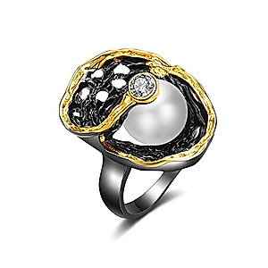 Mytys Vintage Design Statement Rings for Women Gun Black & Gold Color Pearl with Crystal Cocktail Ring Size 8