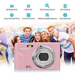 Andoer Portable Digital Camera 48MP 1080P 2.4-inch IPS Screen 16X Zoom Auto Focus Self-Timer 128GB Extended Memory Face Detection Anti-Shaking with 2pcs Batteries Hand Strap Carry Pouch