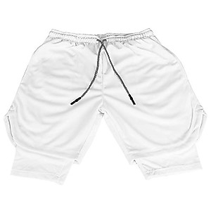 Ouber Men's 2-in-1 Running Shorts 7" Workout Training Jersey Short (White,XL)