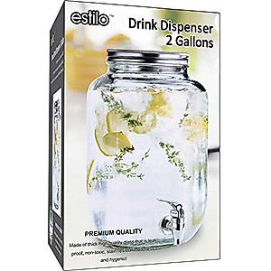 Estilo Glass Drink Dispenser 2 Gallon, Mason Jar Beverage Dispenser, Clear - Leak Free Spigot and Lid, Strong Glass for Parties, Weddings, and Picnics