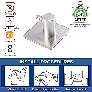 Adhesive Hooks Heavy Duty Wall Hooks Waterproof Stainless Steel Hooks for Hanging Coat, Hat,Towel Robe Hook Rack Wall Mount- Bathroom and Bedroom 4-Packs