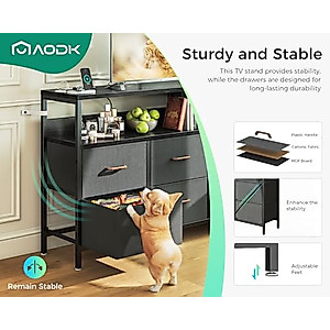 AODK Dresser with Charging Station, 52 Inches Long Dresser for Bedroom with 7 Large Fabric Drawers, Dresser TV Stand with Open Shelves for 55-Inch TV for Living Room, Dark Grey and Black