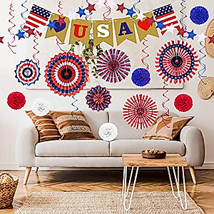 OEAGO 4th of July Decorations Decor Patriotic Memorial Day Decorations Red White Blue Paper Fans Love USA Banner Flower Balls Pom Poms Hanging Swirls Star Streamer Independence Flag Day Party for home
