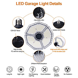 KERNOWO 2 Pack LED Garage Light, 140W 18500 Lumens Garage Lighting, 6000K Daylight with Deformable Three Panels Garage Ceiling Light Fixture E26/E27 Triple Glow LED Shop Light for Basement Workshop